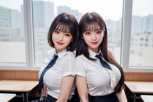 [AI Photo] Twin sisters wearing white shirts and school uniforms, do ...