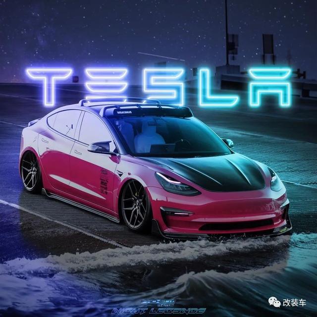 The pink Tesla Model 3 with the gas tank and flame effect, the electric ...